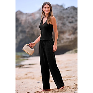 PRETTYGARDEN Womens Summer Casual Two Piece Outfits Sweatsuits Tank Scoop Neck Ribbed Knit Long Pants Tracksuits(Black, Medium)