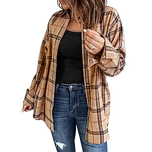 Womens Long Sleeve Flannel Shirts Plaid Flannels Lapels Collared Button Down Shacket Casual Rolled Up Boyfriend Blouse Tops Khaki