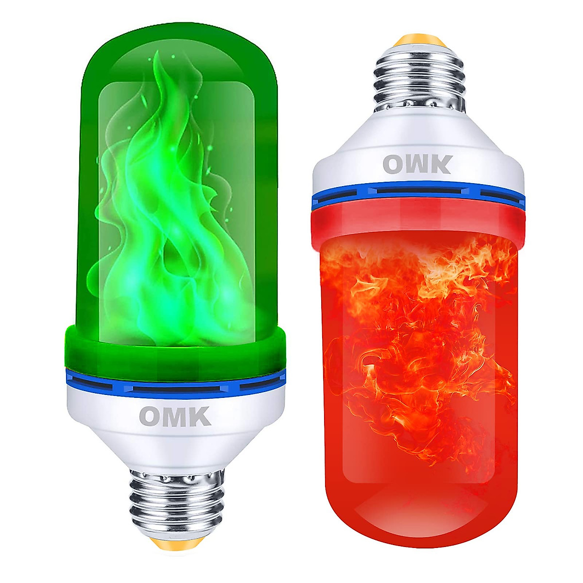 OMK - LED Christmas Decorations Flame Effect Light Bulbs - Upgraded 4 Modes Two-Tone Fire Simulated Lamps - Holiday/Christmas Gifts/Party/Indoor/Outdoor Decoration Lights (2Pack)