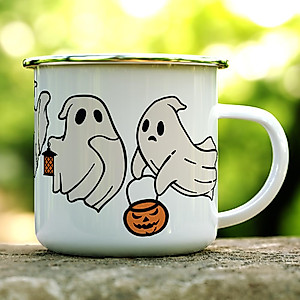 Cute Retro Ghost Halloween Campfire Coffee Mug, Spooky Fall Season Outdoor Camping Cup (12oz)