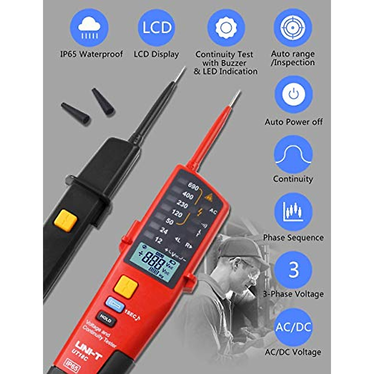 Voltage Tester Professional UT18C Voltage and Continuity Tester Multifunction Waterproof Digital Electrical Circuit Tester Voltage Meter Voltmeter 12V~690V AC/DC Automatic Range LCD Display