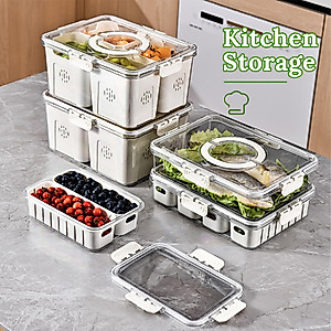 shopwithgreen Fruit Storage Containers for Fridge with Lid and Handle, Portable Fresh Produce Saver, Food Box Container with 4 Removable Colanders for Berry, Vegetable, Refrigerator Organizer Bins