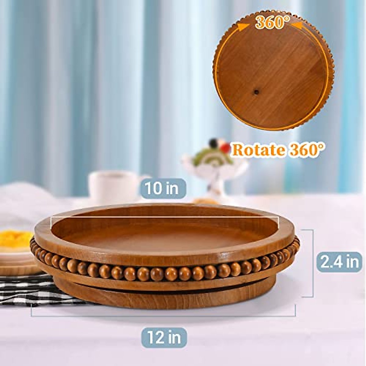 Farmhouse Lazy Susan Organizer,Decorative Tray Riser,Lazy Susan for Table, Counter Lazy Susan Turntable Organizer with Beads,360 Degrees Rotating Display Stand for Spice Racks,Centerpiece Tray,Brown