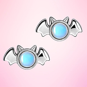 Halloween Moonstone Bat Earrings Sterling Silver Vampire studs for Women Hypoallergenic Piercing Stud for Sensitive Ears Fashion Gothic Jewelry