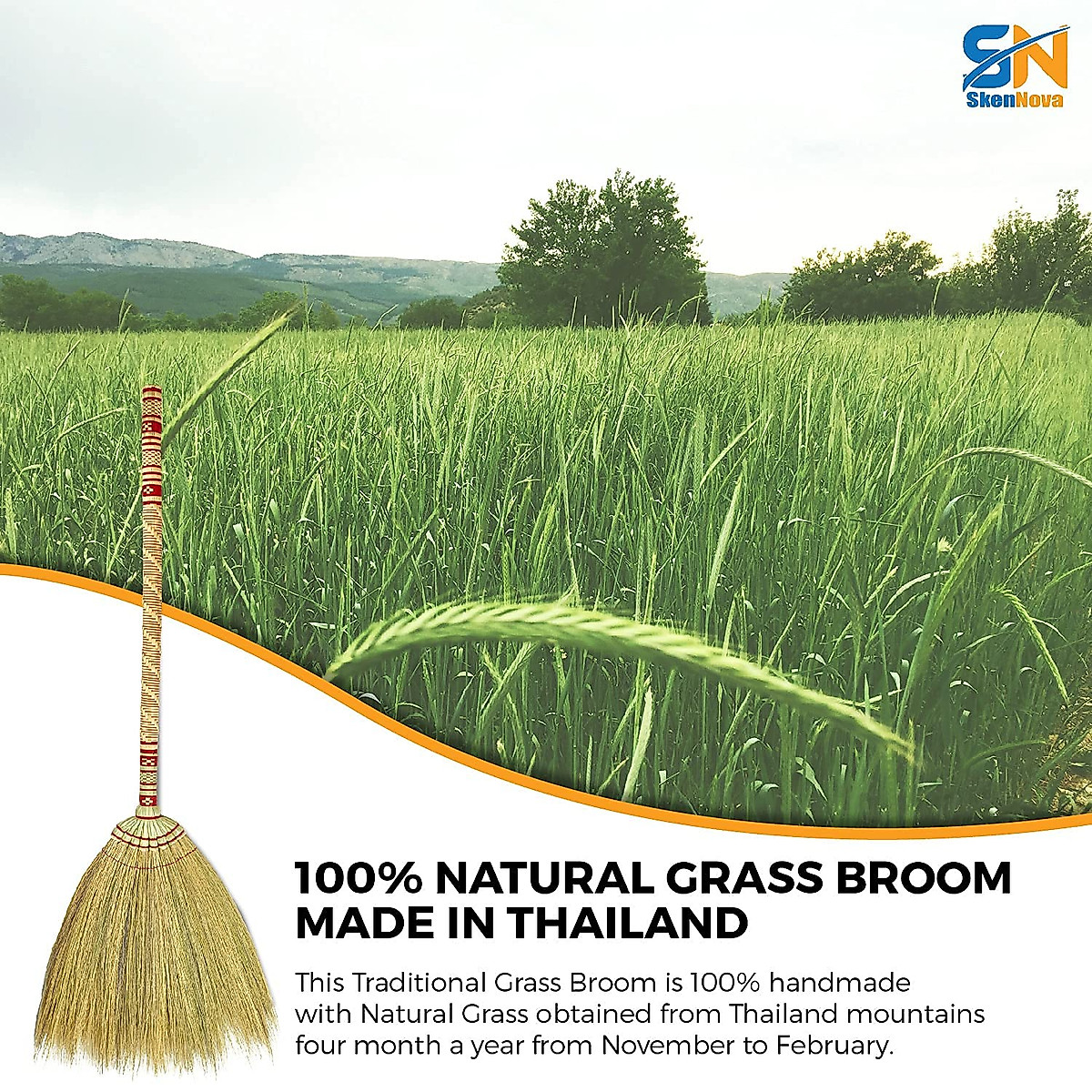 SN SKENNOVA Asian Broom for Cleaning Floor / Handheld Household Broom for Outdoor and Indoor : House Broom - Hardwood Sweeper with Brush Power and Circle Cleaning (Thai Pattern 1, Green)