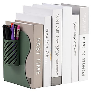 TIANSE Adjustable Bookends Book Holders for 3 Compartments Heavy Duty Metal Steel Book Organizer Stand Desktop Organizer Expandable Bookshelf with Pen Holder (Green 1 Pack)