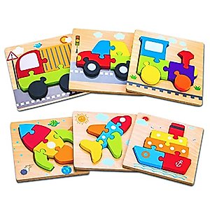 SKYFIELD Wooden Vehicle Puzzles for 1 2 3 Years Old Boys Girls, Toddler Educational Developmental Toys Gift with 6 Vehicle Baby Montessori Color Shapes Learning Puzzles, Great Gift Ideas