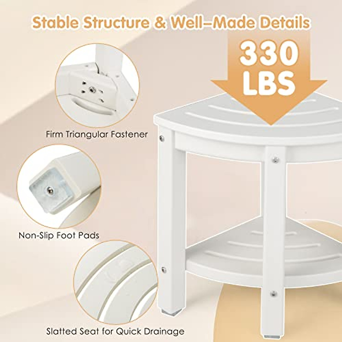 Giantex Corner Shower Stool Waterproof - HDPE Shower Bench Seat with Storage Shelf for Shaving Legs, Non-Slip Foot Pads, Plastic Spa Bath Step Foot Rest for Bathroom Small Place (Creamy White)