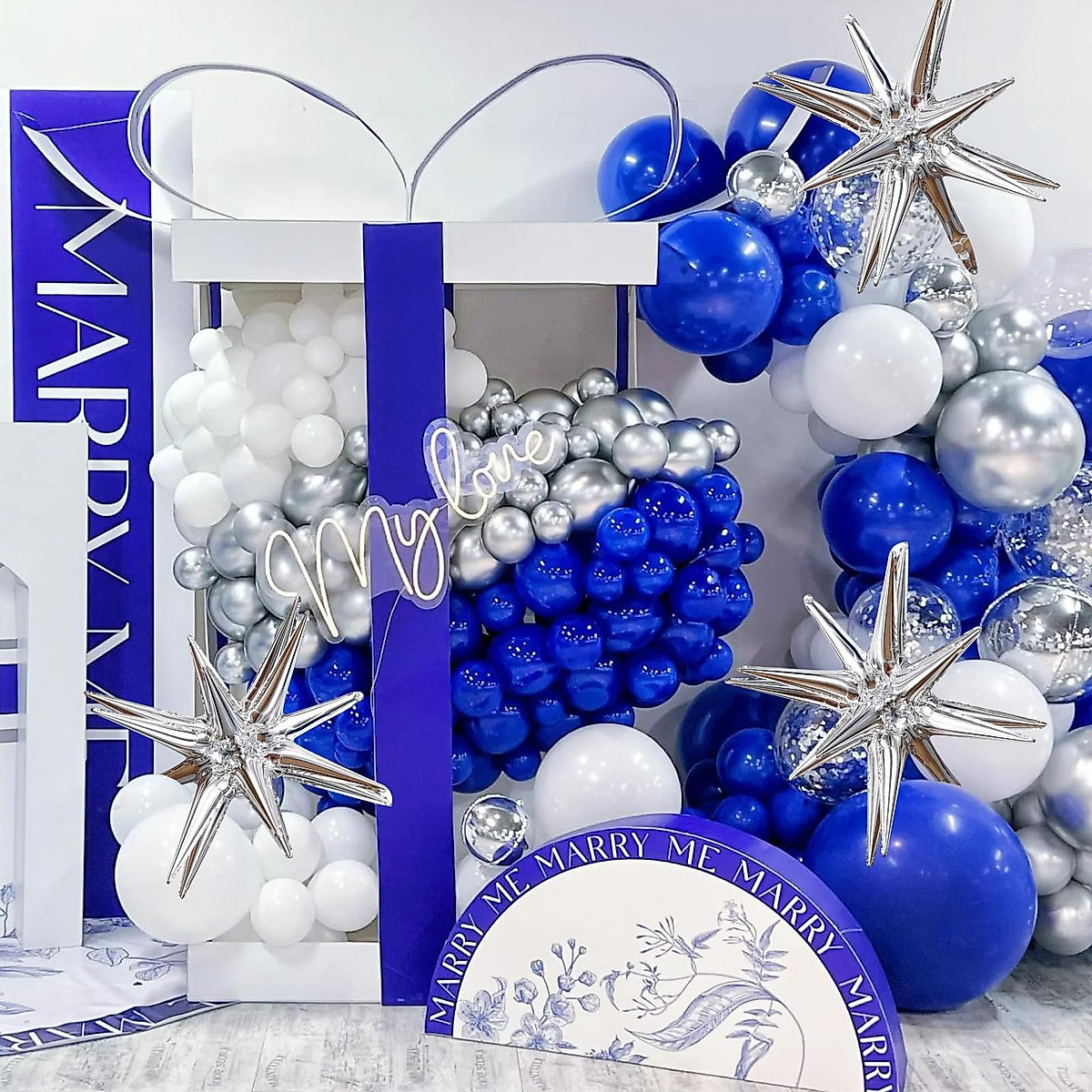 Blue and Silver Balloons Garland Arch Kit, 156 Pack Royal blue and White Silver Confetti Balloons 18" 12" 10" 5" with Starburst Foil Balloons For Birthday 2024 Graduation Party Decorations