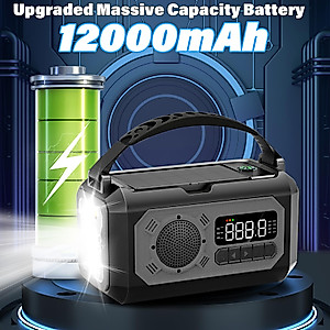 12000mAh Emergency Weather Radio, Hand Crank Radio Solar Radio Portable AM/FM/NOAA Radio with 2 Solar Panels 3 Charging Methods SOS Alarm 3 Mode Flashlight Phone Charger Compass Reading Lamp