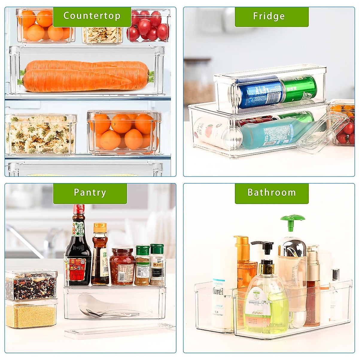 Yustuf 10-pack Stackable Refrigerator Organizer Bins with 6 Liners, Fridge Organizers and Storage Clear with Lids Plastic Fruit Vegetable Storage Containers with 5pcs Sealing Clips