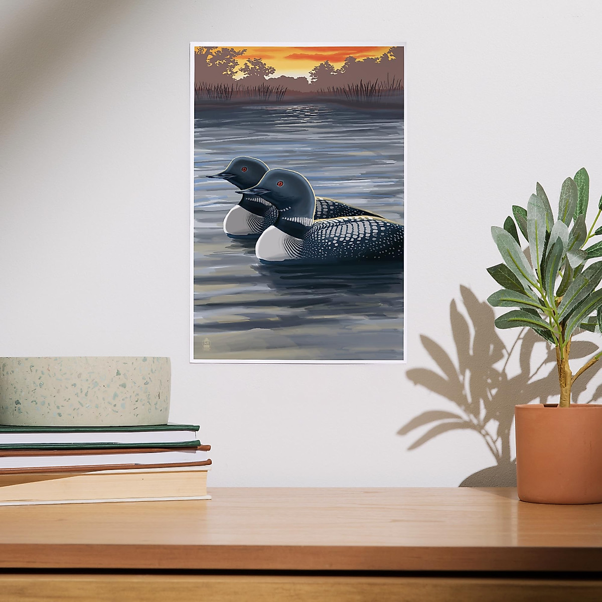 Lantern Press 8x12 Inch Art Print Wall Decor, Loons and Lake at Sunset