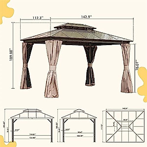Evedy 10'x12' Hardtop Gazebo,Aluminum Gazebo Pavilion with Curtain and Net,Permanent Outdoor Gazebo with Polycarbonate Double Roof,for Garden, Patio, Lawns, Deck, Backyard-Brown
