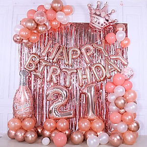 21st Birthday Decorations for Her, 94pcs Rose Gold Party Decorations for Girls, 40in 21st Birthday Balloons, 21st Happy Birthday Banner, Pink White Rose Gold Balloon Arch Kit Crown Champagne Balloon