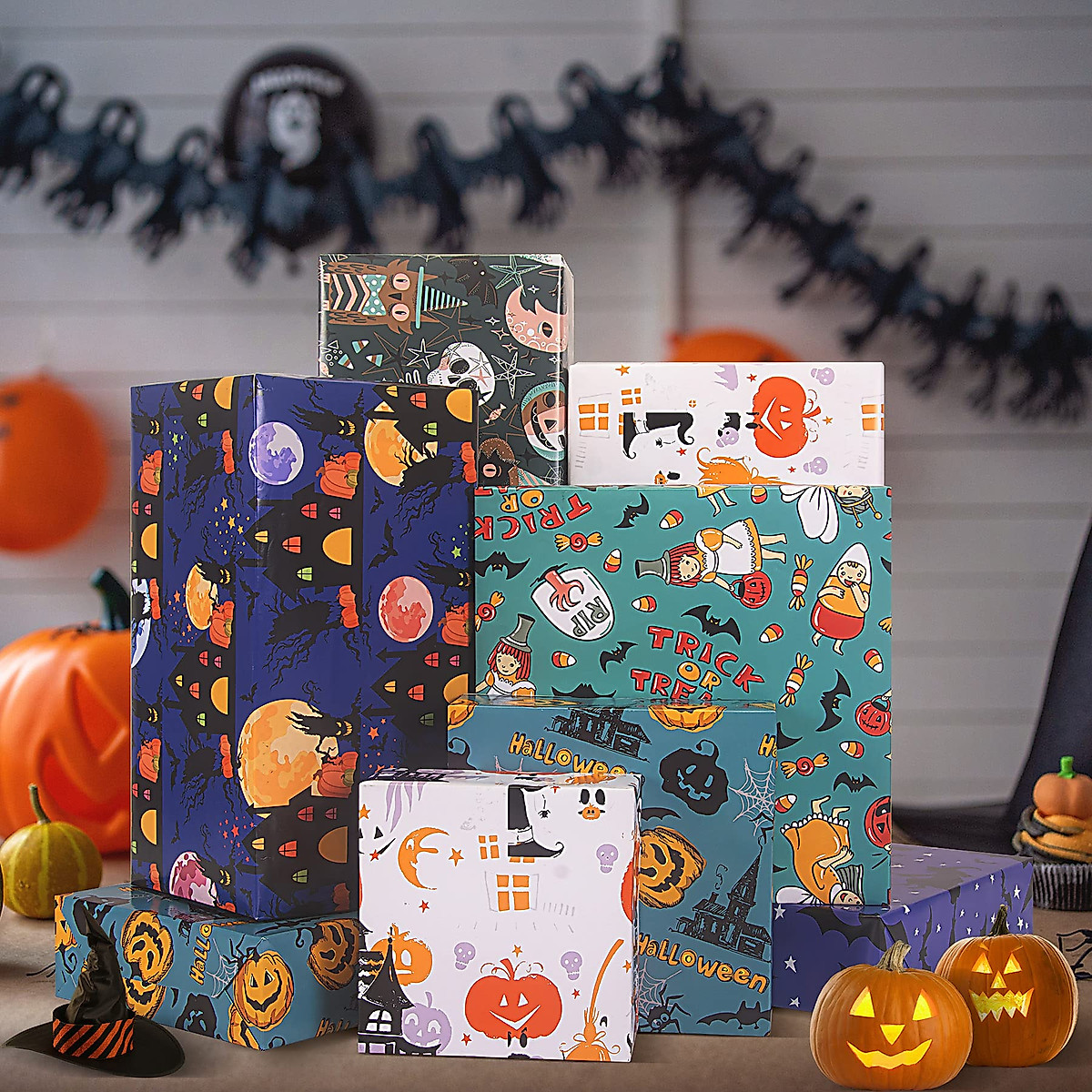 Rancco Halloween Wrapping Paper Set, 6 Sheets Witch Bat Ghost Pumpkin Cat Laser Gift Wrapping Paper w/Stickers and Ribbon for Halloween, Party, Birthday, Holiday,19.6 inch X 27.5 inch Per Sheet