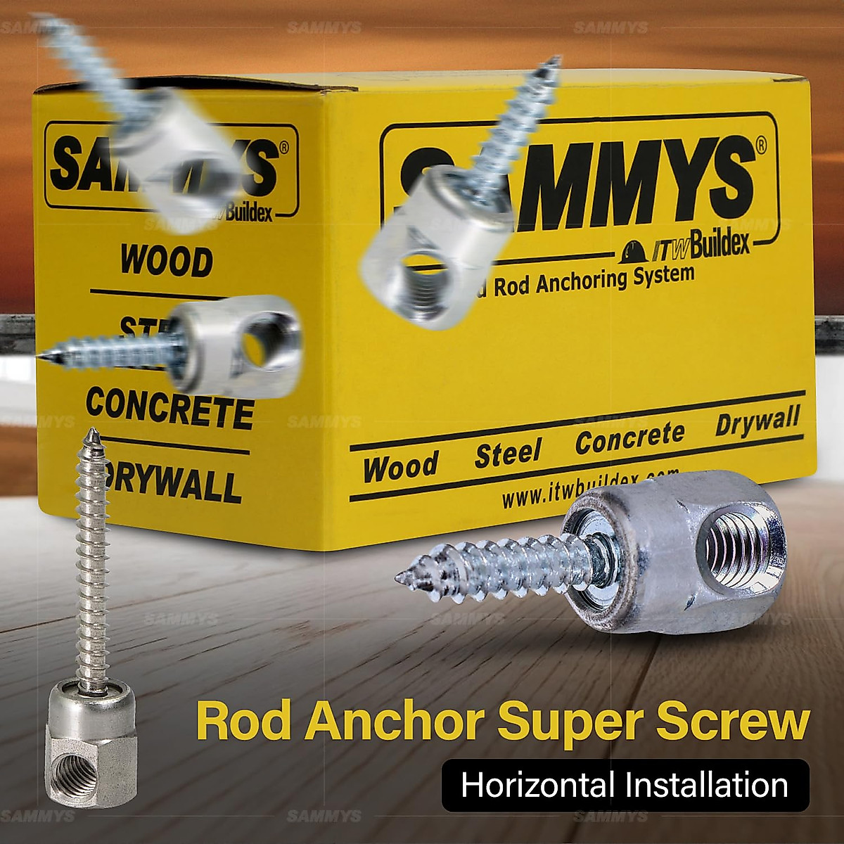 Sammys 8020957-25 1/4 x 1'' Horizontal Rod Anchor Super Screw with 3/8 in. Threaded Rod Fitting, for Wood (Pkg.=25) , Zinc