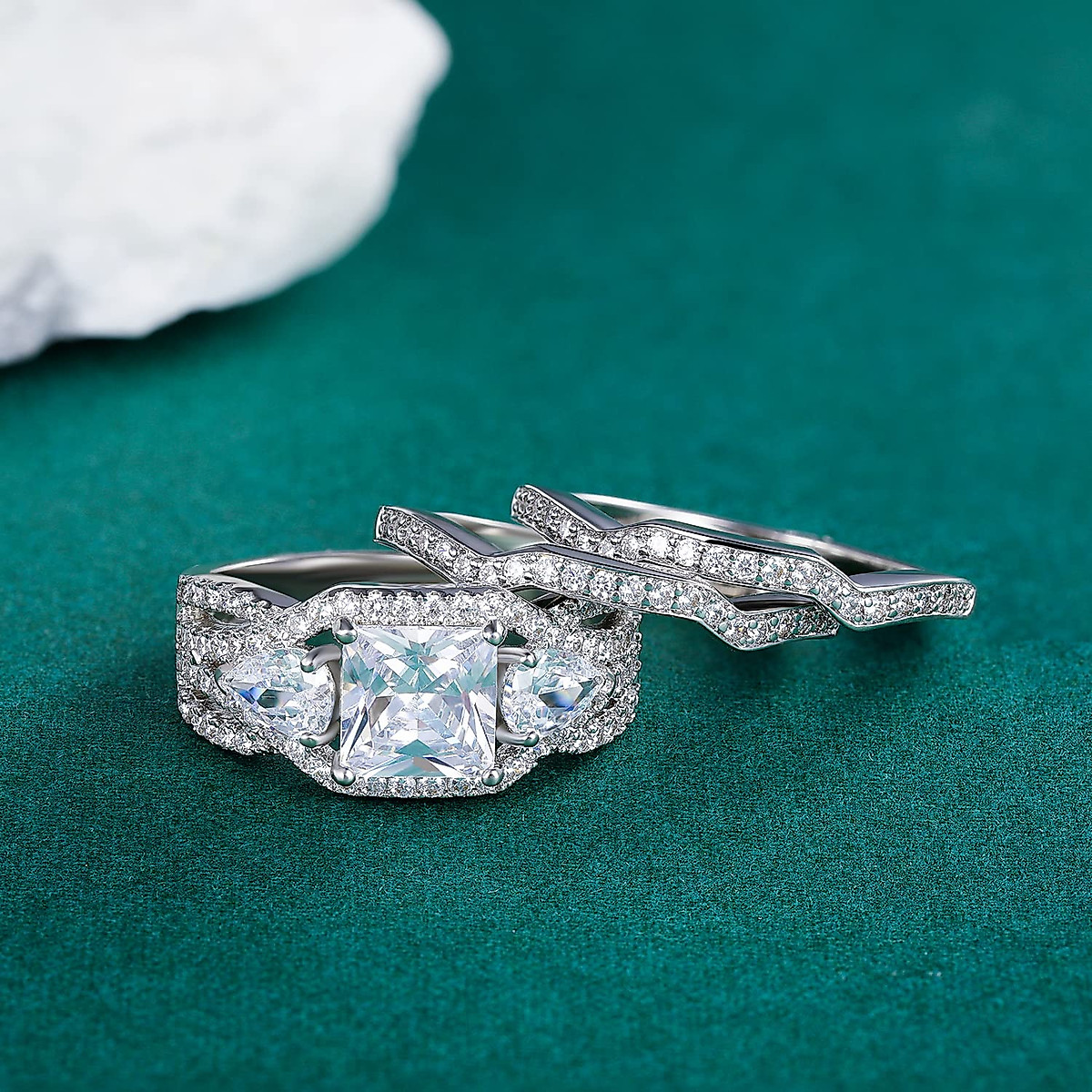 MDFUN Three-In-One Square Wedding Engagement Ring,18K White Gold Plated Cubic Zirconia Promise Eternity Ring for Women (8)