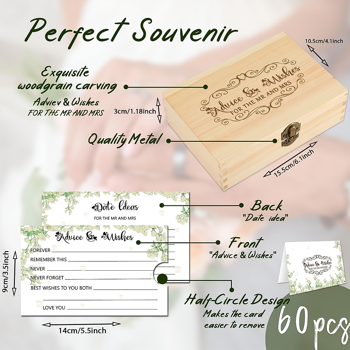 1DFAUL 60pcs Advice and Wishes for the Mr and Mrs, Wedding Advice Cards for Wedding Games, Bridal Shower Guest Book Advice Cards Box for Bride and Groom, Bridal Shower Decorations