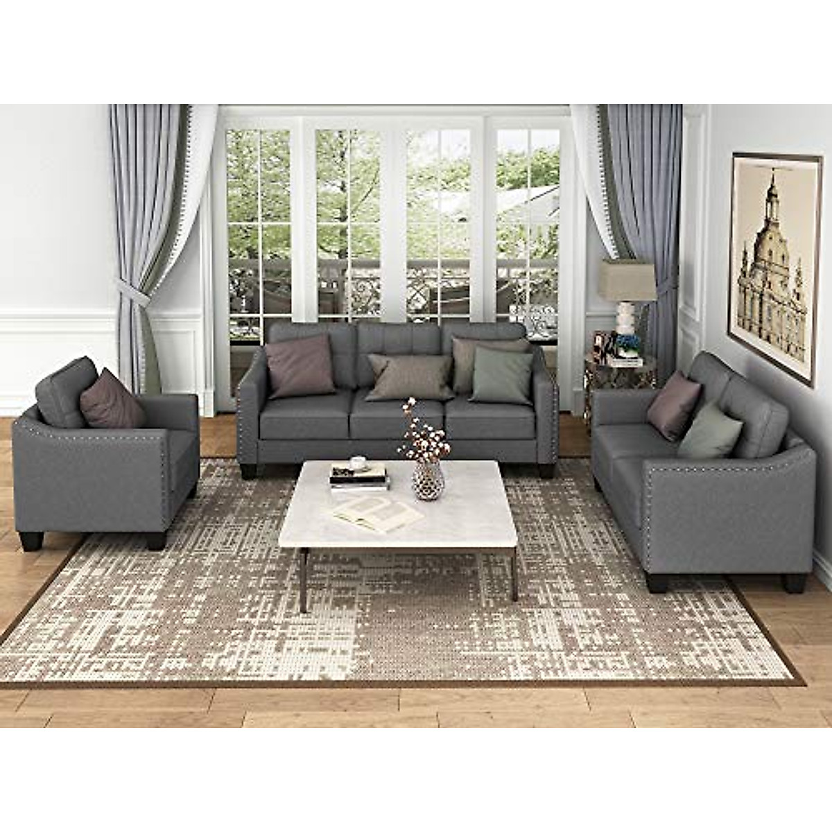 ERYE 3 Pieses Mid-Century Modern Sofa Sets Linen Fabric Tufted Back Sofa&Couch Include 3 Seaters Couch, Loveseat and Armchair with Rivets Rivets for Home Apartment Office Living Room Sets