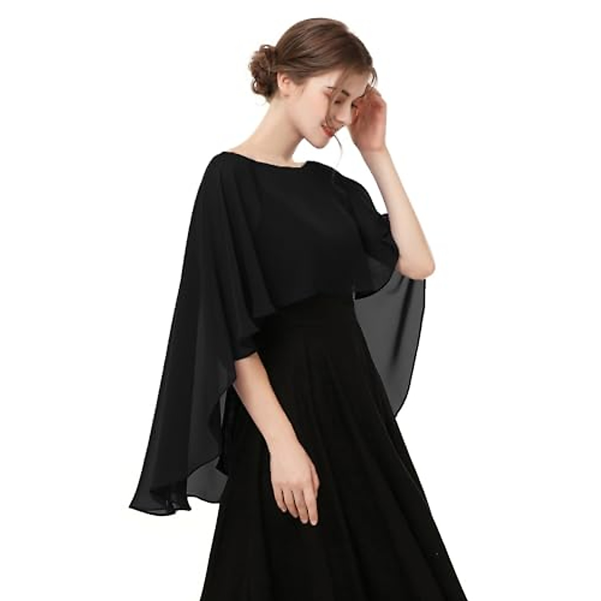 Hotshawl Capelets for women Chiffon Cape Shawls and Wraps for Evening Dress Wedding Capes Cover Up (Black)
