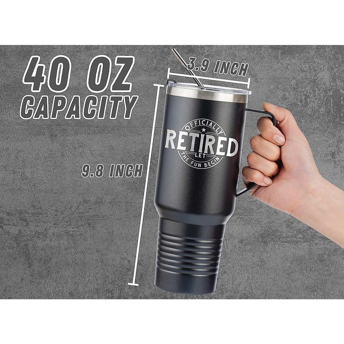 Onebttl Retirement Gifts for Men, Retirement Tumbler for Men 40oz Insulated Travel Cup with Handle, Retired Gifts for Dad, Grandpa, Friends, CoWorker (Black, Officially)