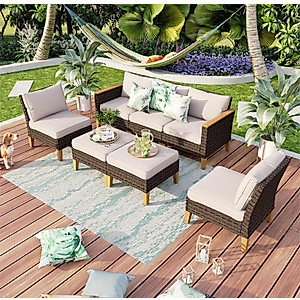 MFSTUDIO 7 Piece Wicker Patio Furniture Set, 2 x Armless Sofa, 2 x Ottoman, 3-Seat Sofa, All-Weather Outdoor PE Rattan Patio Conversation Set Sectional Sofa for Garden, Backyard(Beige Cushions)