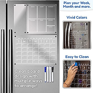 3 Planning Boards Clear White Acrylic Calendar for Fridge 8pc Set. Monthly Planner, Weekly Magnetic Calendar, Blank Dry Erase Board for Refrigerator, Magnet Markers, Eraser