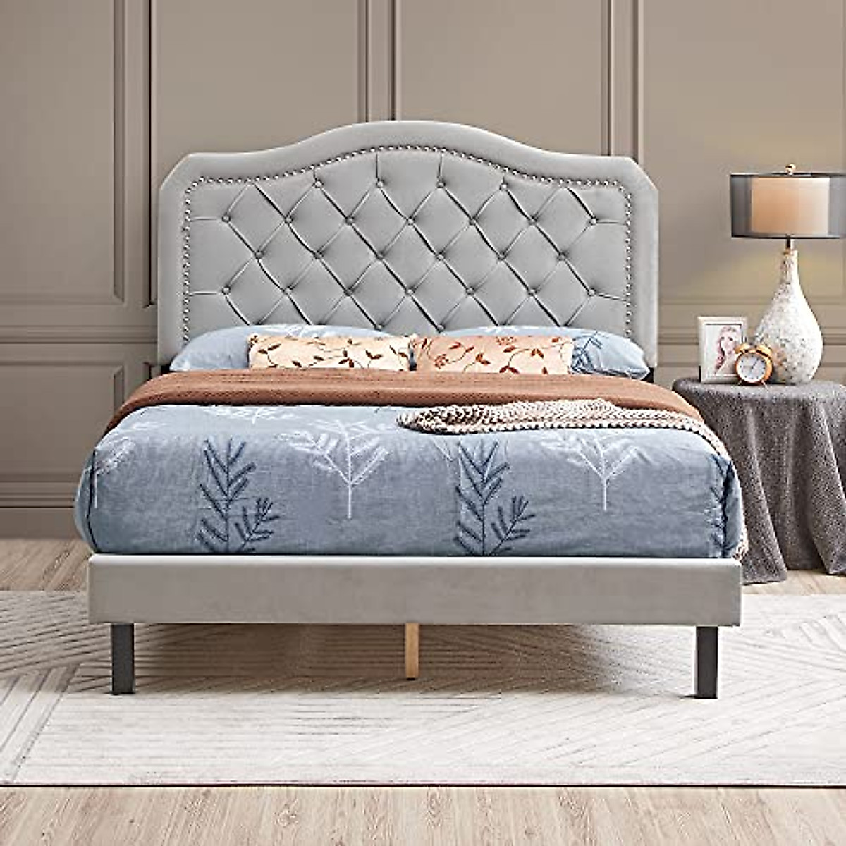 HAUSHECK Upholstered Platform Bed Queen Size, Queen Bed Frame with Button Tufted Nailhead Trim Headboard, Wood Bed Frames for Kids, Teen & Adults, Wooden Slats Support, No Box Spring Needed