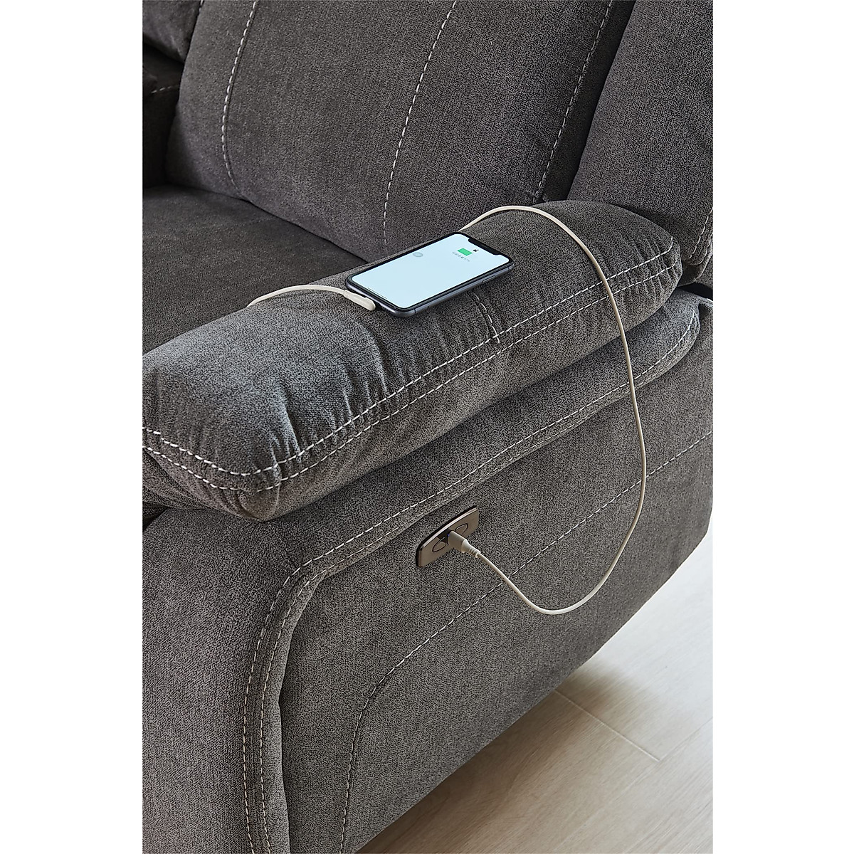 Elountik Modern Fabric Upholstered Power Reclining Sectional Couch with 2 Power Recliners, 2 Storage Consoles, 4 Cup Holders, USB Charging Ports, Gray Frabic