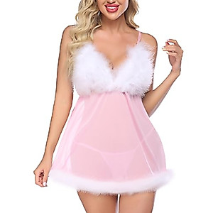 Avidlove Valentine's Lingerie for Women Plush Lingerie Santa Cosplay Gift Babydoll Chemise Pink