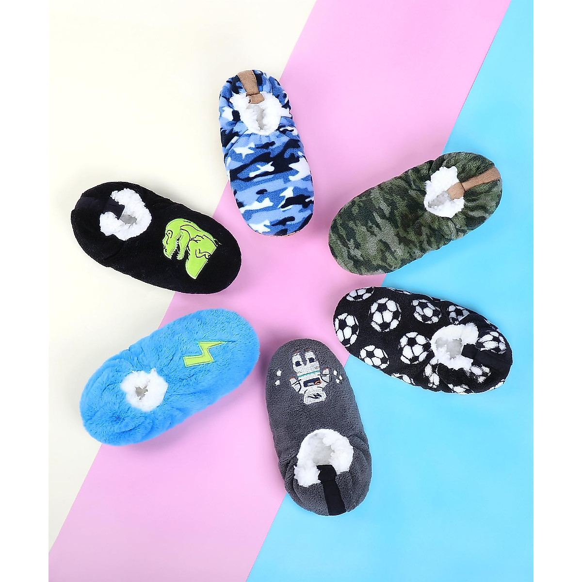 VAGUKU Boys House Slippers With Non Skid Bottoms, Cute Animal Slipper Socks With Grippers For Big Kids, Cozy Soft Sole Warm Fuzzy House Shoes(Astronaut,5-6)