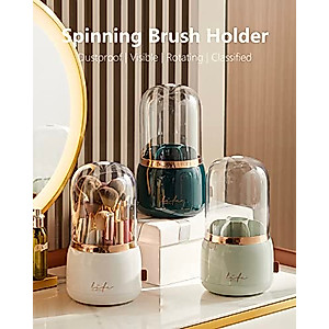 Lebenrich Rotating Makeup Brush Holder Organizer with Lid, Spinning Brush Holder Makeup Organizer with Clear Cover, Acrylic Cosmetics Make Up Brushes Storage Cup Container for Vanity (Light Green)