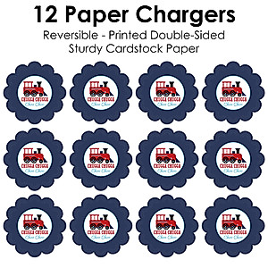 Big Dot of Happiness Railroad Party Crossing - Steam Train Birthday Party or Baby Shower Round Table Decorations - Paper Chargers - Place Setting for 12