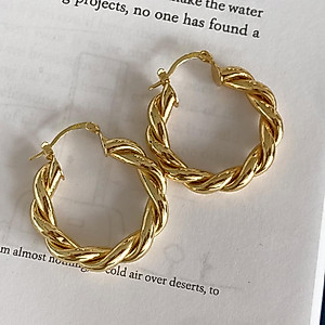 Twisted Gold Hoop Earrings for Women, Thick Chunky Hoops Hypoallergenic Vintage Twist Earings Big