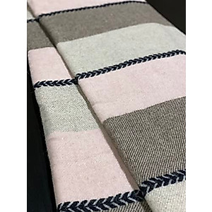 Eikei Merino Wool Throw Blanket Geo Wide Stripe Pattern Fringe Trim Soft Woolen Afghan Style Lightweight Machine Washable Cabana Stripes Scandi Style (Taupe and Pink, 55Wx78L)