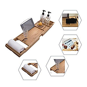 GEZITREND Luxury Bamboo Bathtub Caddy Tray Bathroom Furniture Expandable and Nonslip Bath Caddy with Book/Tablet and Wine Glass Holder Free Soap Holder Great Gift (White)