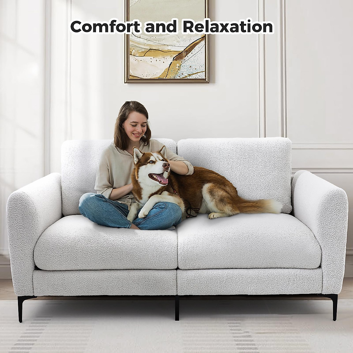 ITEFDTUTNE 83'' Modern Living Room Teddy Velvet Recliner Sofa,3 Seater Sofa, Couches for Living Room, Space Spring Cushions and Solid Wood Frame(White)