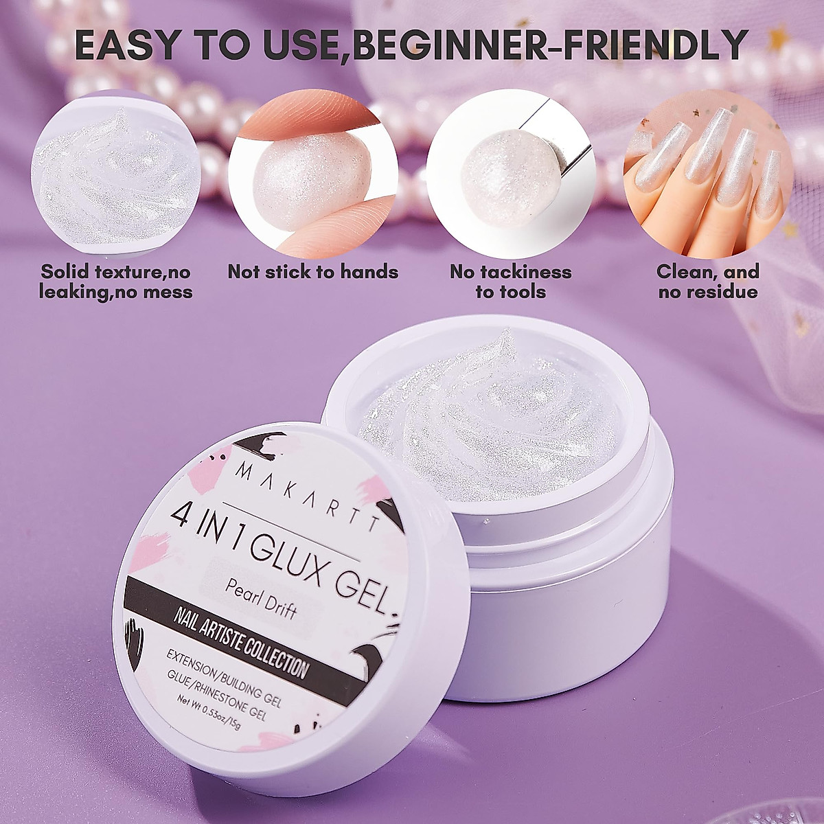 Makartt Solid Gel Builder: 15ML Non-sticky to Hands, White Shimmers Color for Extension 3d Sculpting Nail Art, Hard Gels Molding for Nails UV/LED Lamp Required Pearl Drift