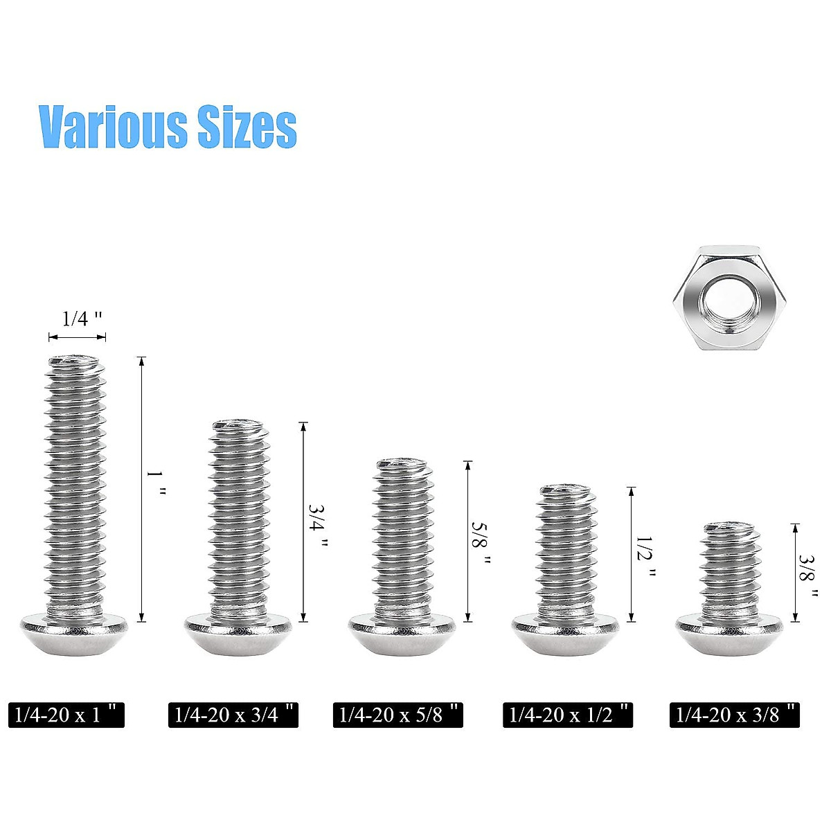 DYWISHKEY 60 Pieces 1/4-20 x 3/8" 1/2" 5/8" 3/4" 1" Stainless Steel 304 UNC Threads Hex Button Head Cap Screws Bolts and Nuts Assortment Kit with Hex Wrench