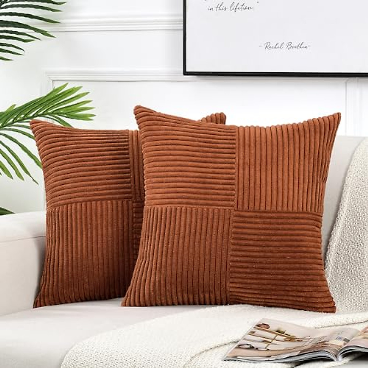 Fancy Homi Rust Boho Decorative Throw Pillow Covers 18x18 Inch for Living Room Couch Bed, Farmhouse Home Decor, Soft Corss Corduroy Patchwork Textured Terracotta Accent Cushion Case 45x45 cm