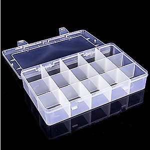 DJUNXYAN Large Transparent Thick Hard 15 Grids Adjustable Compartment Slot Plastic Hobby Craft Storage Box Case Raft Storage Box Organizer with Snap-Lock Tray Container (L 15 Girds, White6)