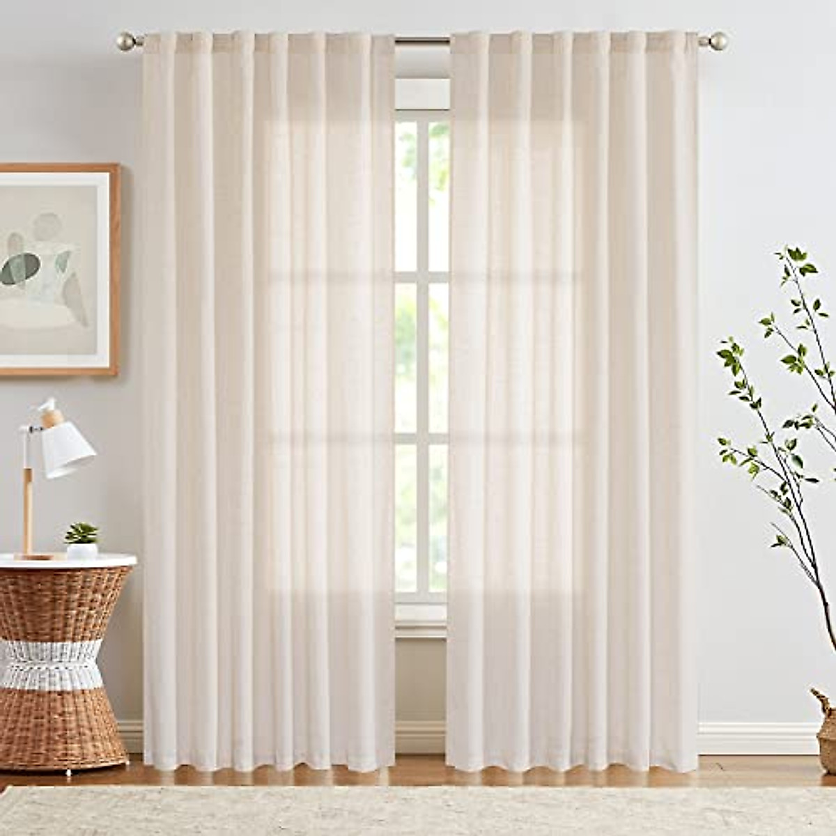 jinchan Linen Beige Curtains 108 Inches Extra Long for Living Room Farmhouse Rod Pocket Back Tab Light Filtering Window Drapes 2 Panels for Bedroom Patio Door 50x108 Crude 2 Panels