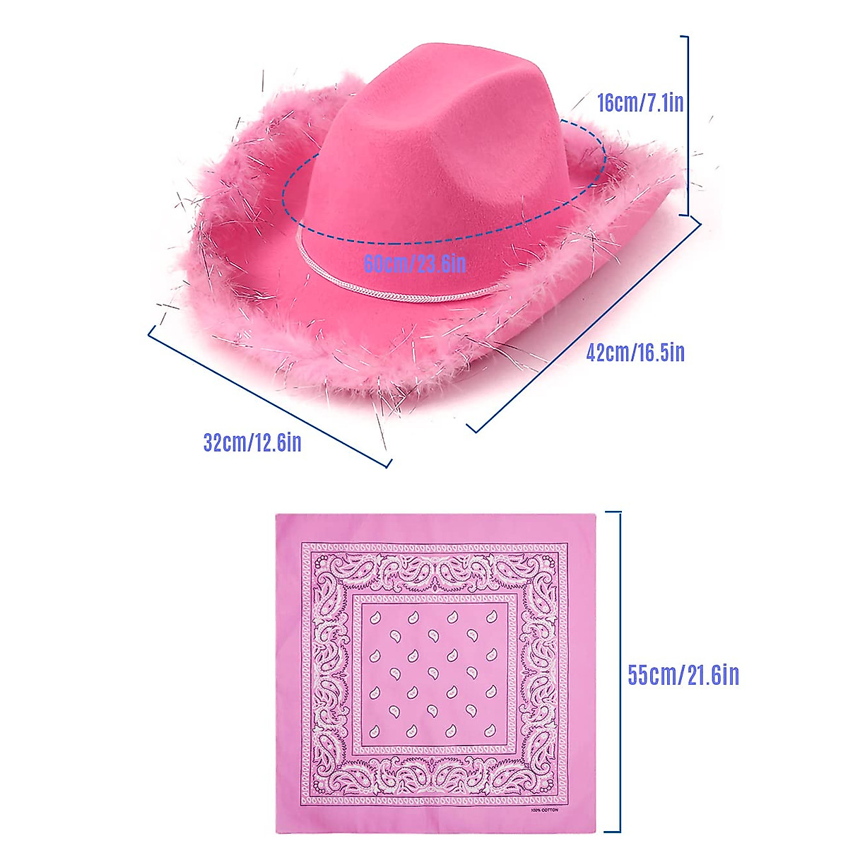 YBHOMINE Cowboy Hat with Bandana - Feather Boa Cowgirl Hat for Women & Men,bachelorette party Halloween Dress-Up (Pink)