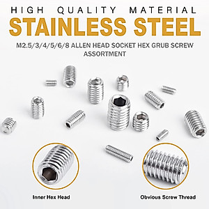 VIGRUE 450PCS M2.5/M3/M4/M5/M6/M8 Hex Allen Head Socket Set Screw Bolts Assortment Kit Grub Screw with Internal Hex Drive, 304 Stainless Steel