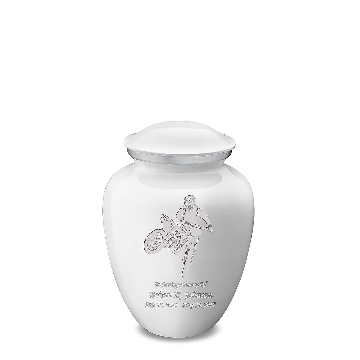 GetUrns Embrace Personalized Dirt Bike Medium Cremation Urn with Custom Text Engraving for Human Ashes for Funeral, Burial, Niche or Columbarium Cremation–44 Cubic Inches –Small Urns for Ashes (White)