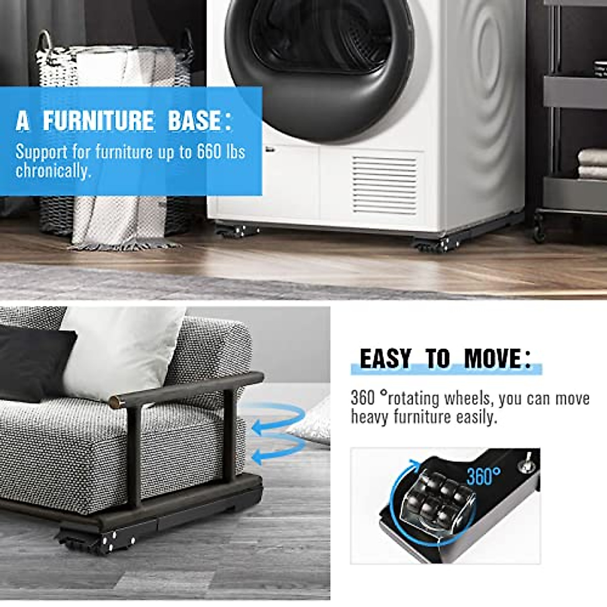 TheElves Extendible Appliance Rollers, Adjustable Appliance Slider, Heavy Duty Appliance Rollers with Wheels for Washing Machine, Washer and Dryer, Drawers,refrigerators, Support 660 LB-Black