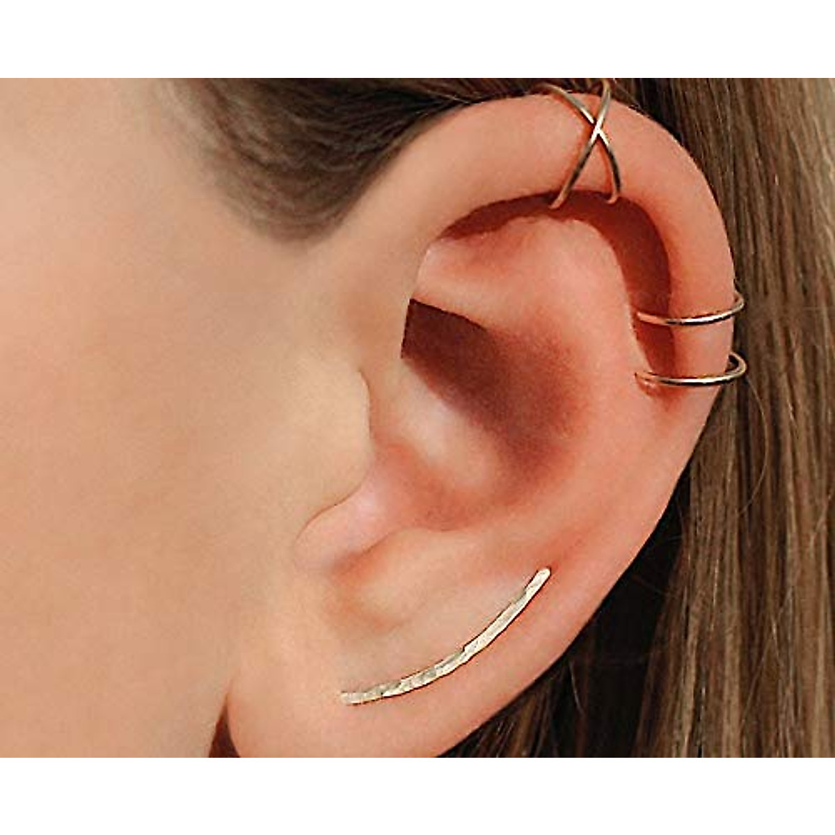 Gold Ear Climber - Dainty Hammered Ear Crawler Simple Minimalist 14k Gold Filled Ear Climbers