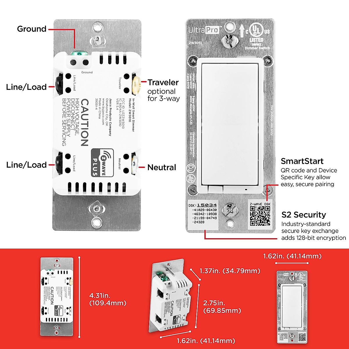 UltraPro Z-Wave Smart Rocker Light Dimmer with QuickFit and SimpleWire, 3-Way Ready, Works with Alexa, Google Assistant, ZWave Hub Required, Repeater/Range Extender, White Paddle Only, 2-Pack, 54897