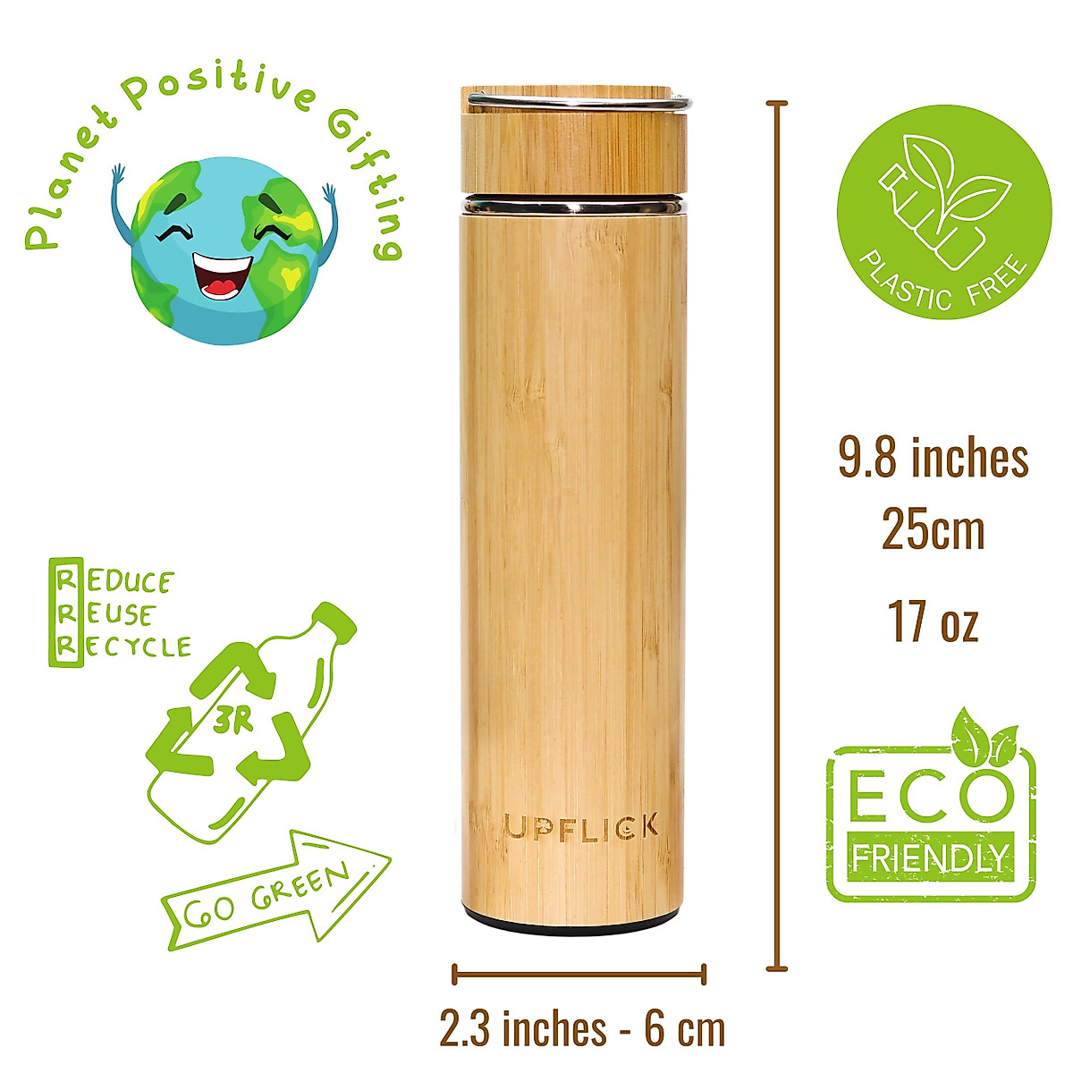 UPFLICK Bamboo Tea Tumbler with Infuser for Loose Tea 17 oz Insulated Water Bottle Gift for Women Birthday Coffee Thermos Stainless Steel Leak Proof Keep Hot Cold Drink for Gym, Sport, Camping, Yoga.