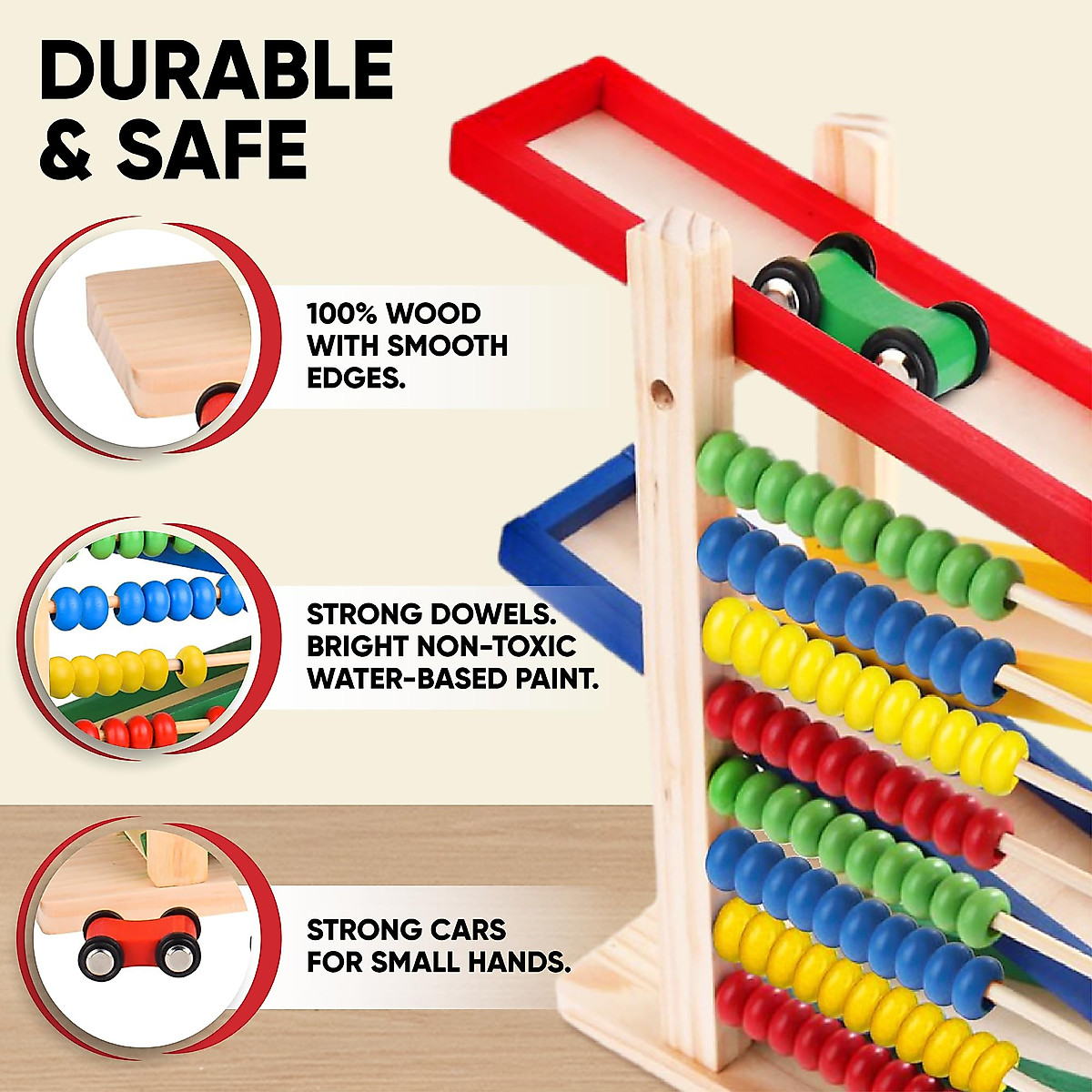 Montessori Toys - Car Track for Toddlers 3-5 with 4 Cars and Abacus for Kids Math - Wooden Cars - Toddler Race Track - Wooden Toys Cars - Autism Toys - Wooden Ramp Racer Car Track Toy Waldorf Toys